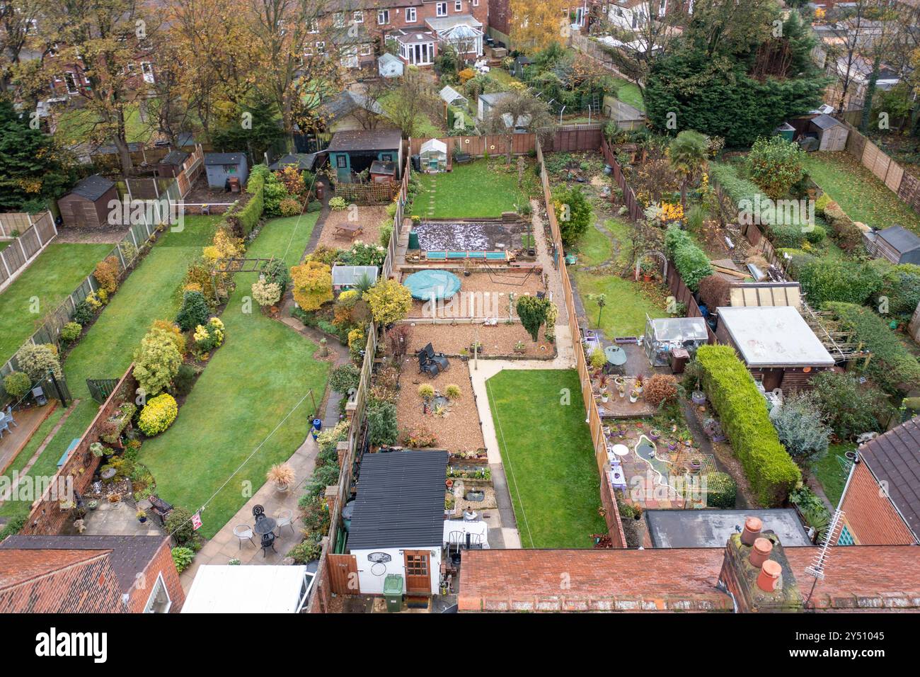 Aerial drone photo of a typical British terrace house in the UK showing ...