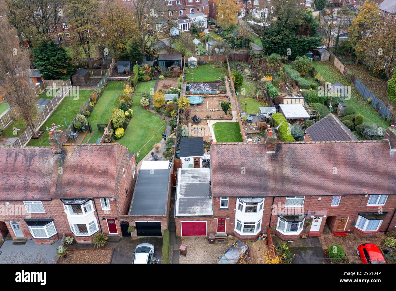 Aerial drone photo of a typical British terrace house in the UK showing ...