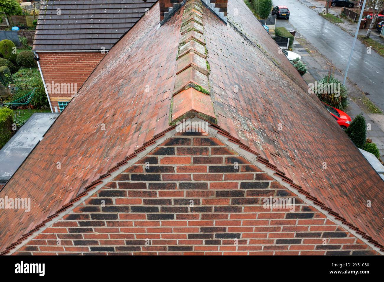 Aerial photo of a typical British terrace house in the UK showing the ...