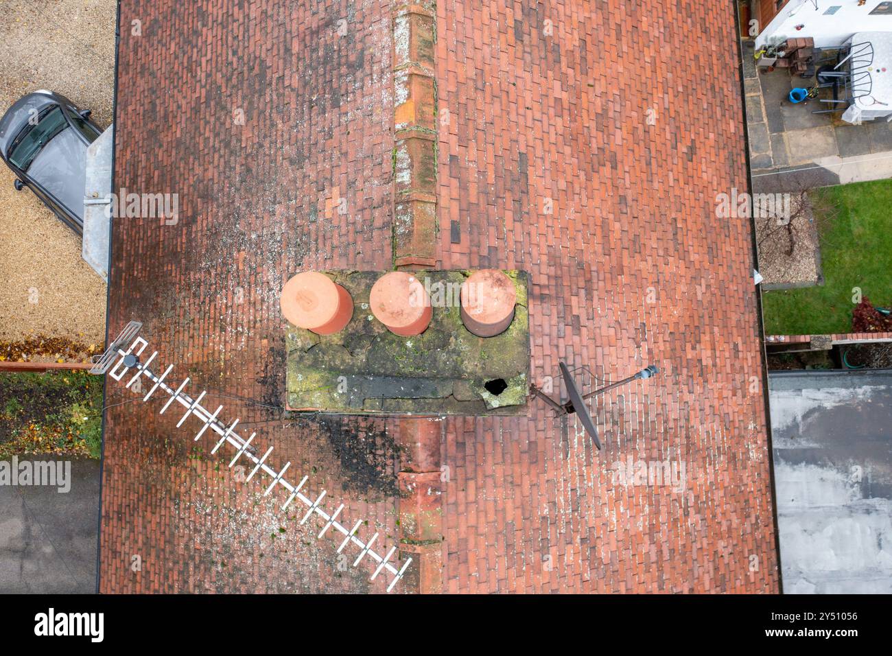 Aerial photo of a typical British terrace house in the UK showing the ...