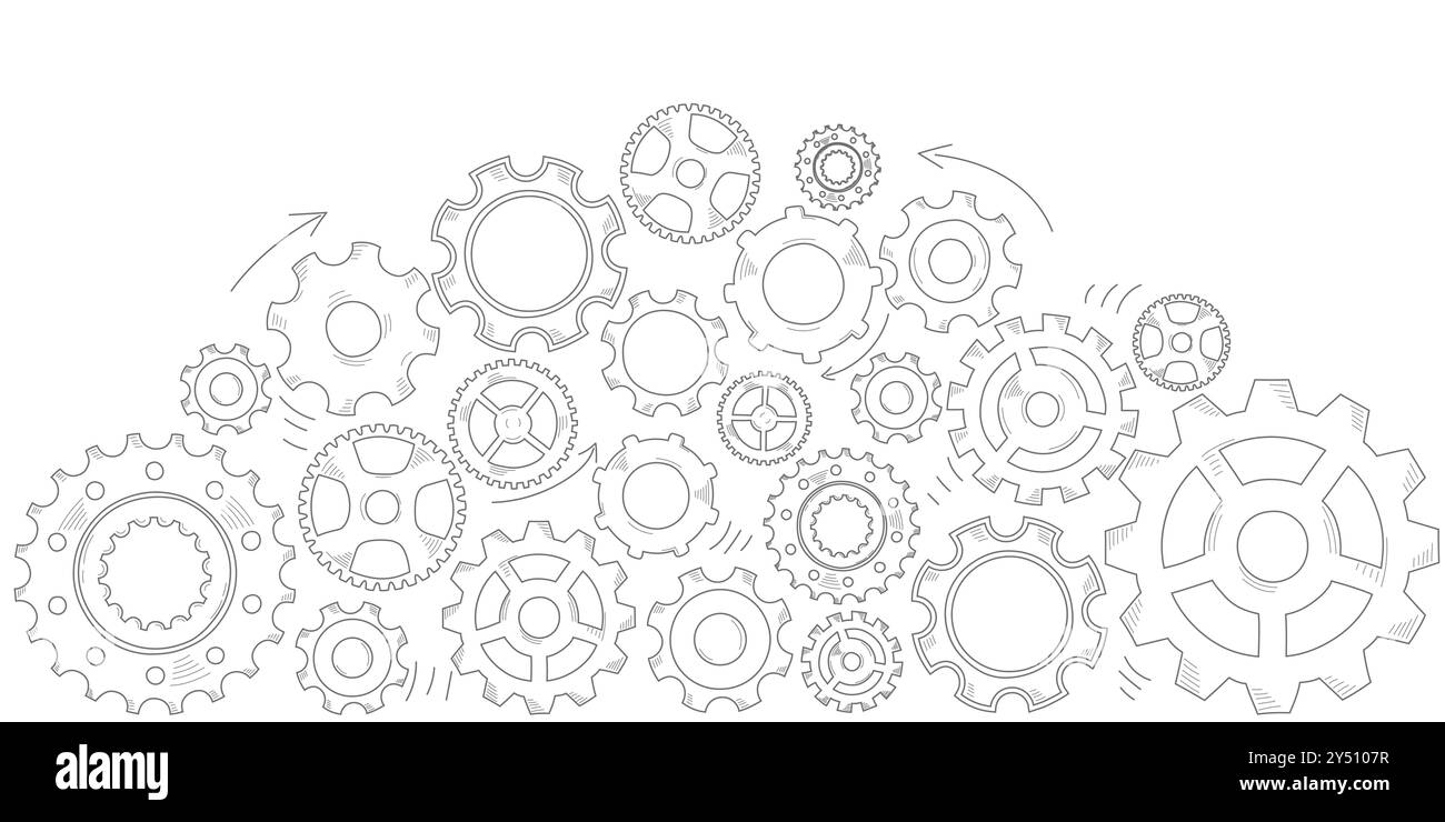 Hand drawn gear cogwheel arch. Doodle sketch style color gear mechanism ...