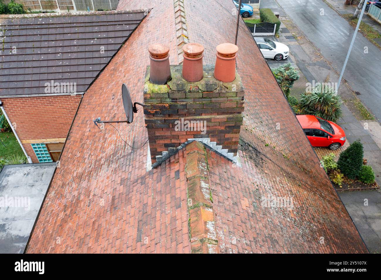 Aerial photo of a typical British terrace house in the UK showing the ...