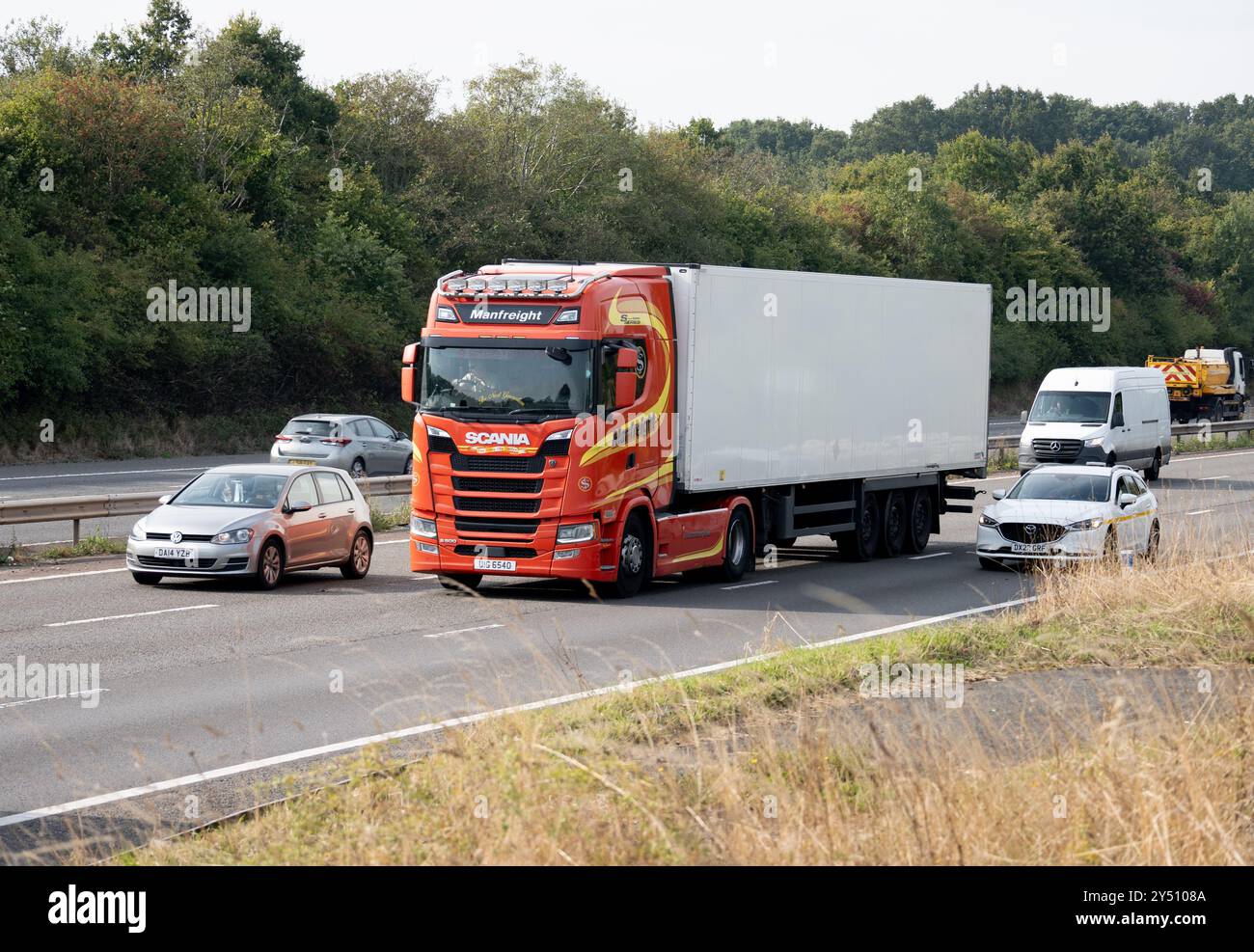Manfreight Scania lorry on the M40 motorway, Warwickshire, UK Stock ...