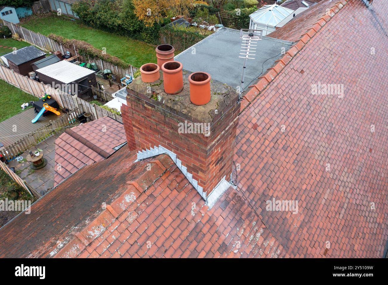 Aerial photo of a typical British terrace house in the UK showing the ...
