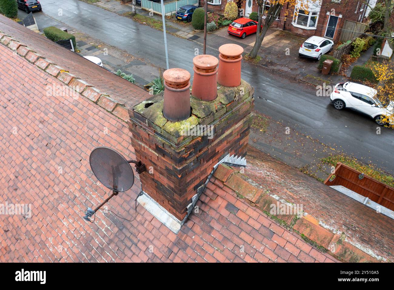 Aerial photo of a typical British terrace house in the UK showing the ...