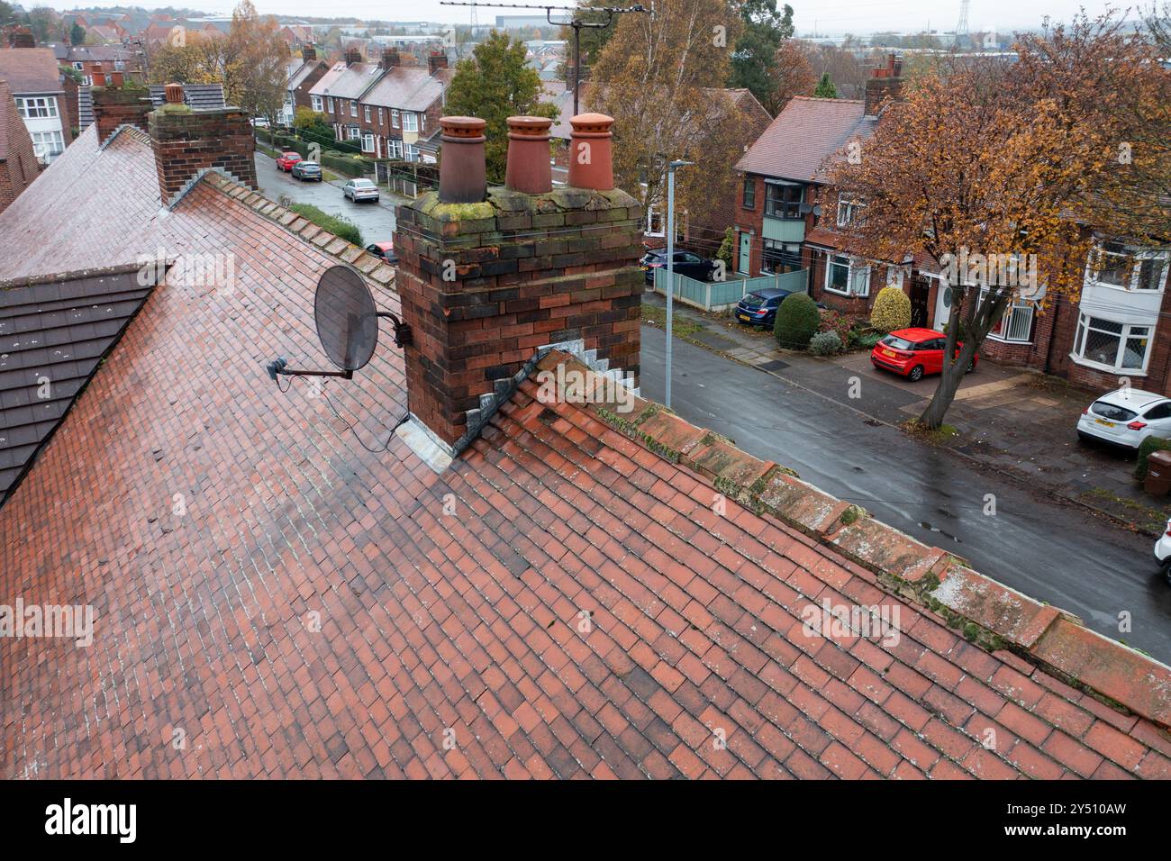 Aerial photo of a typical British terrace house in the UK showing the ...
