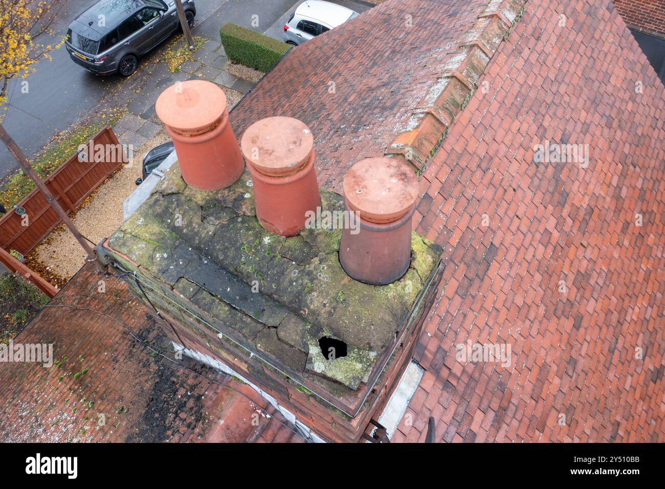 Aerial photo of a typical British terrace house in the UK showing the ...