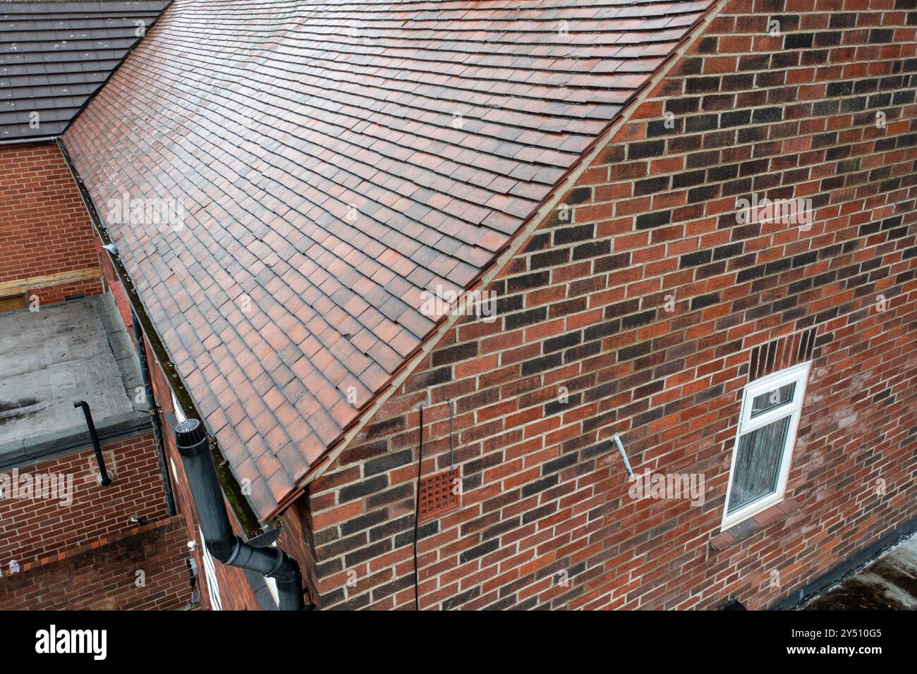 Aerial photo of a typical British terrace house in the UK showing the ...
