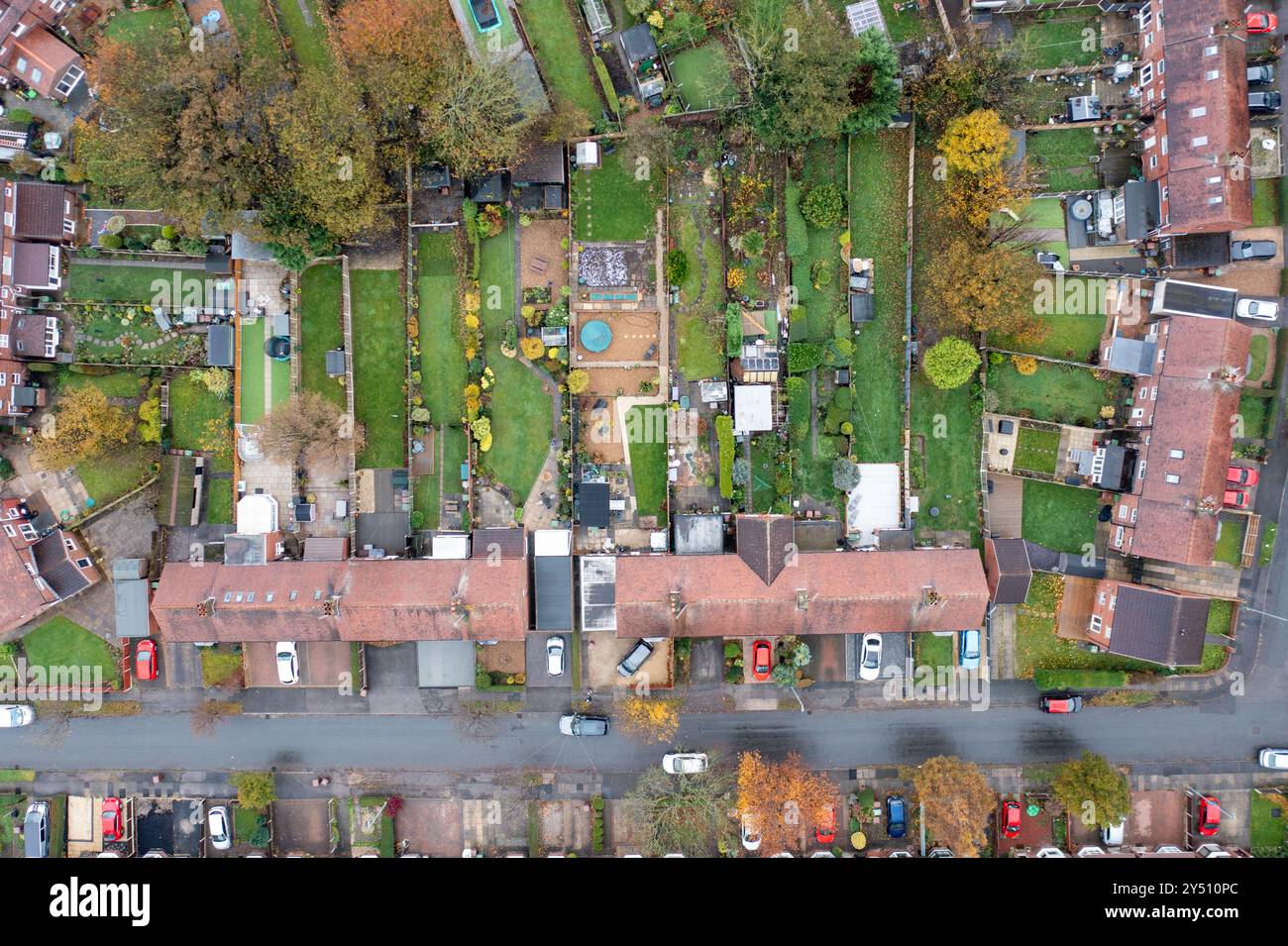 Aerial drone photo of a typical British terrace house in the UK showing ...
