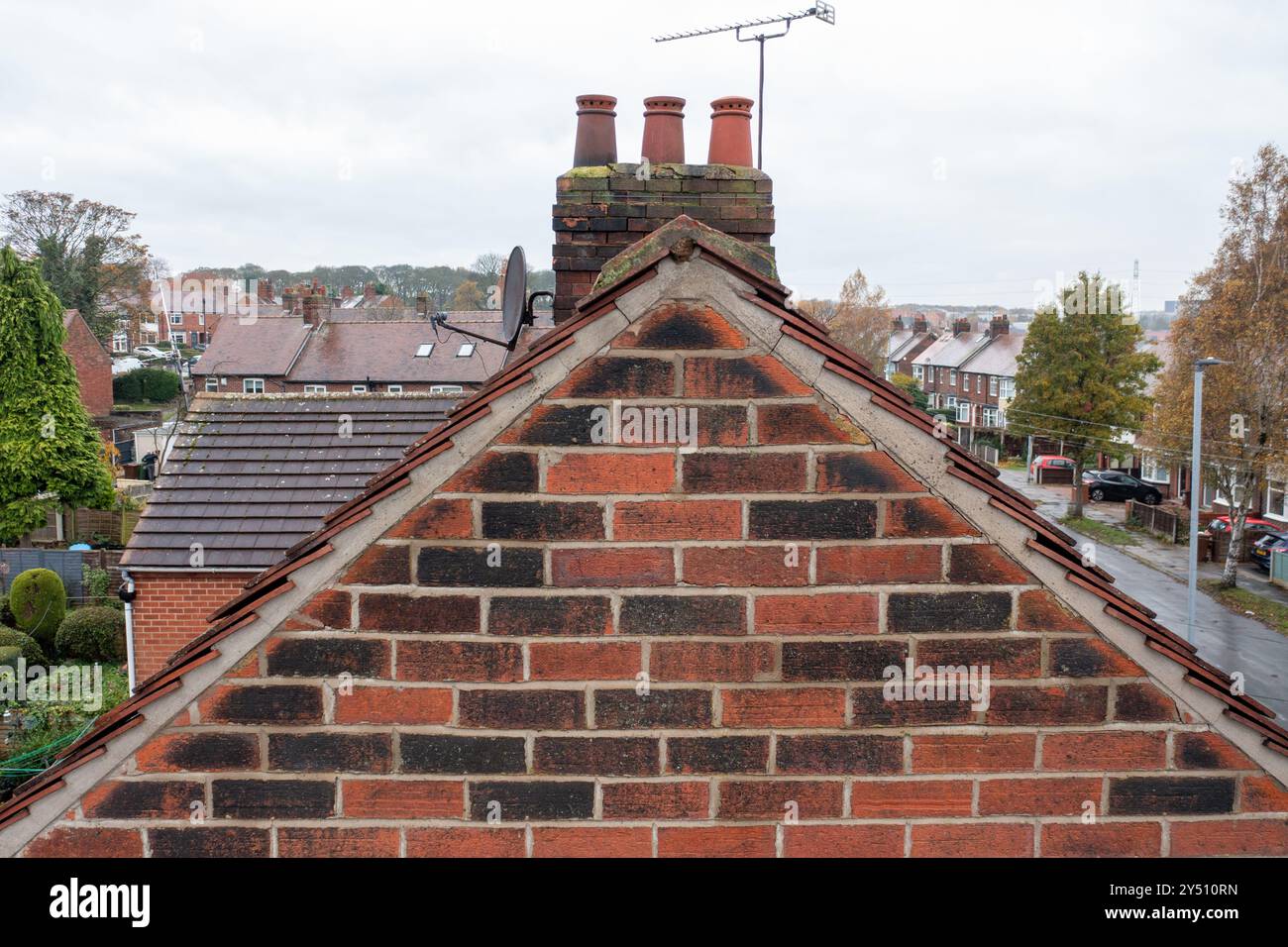 Aerial photo of a typical British terrace house in the UK showing the ...