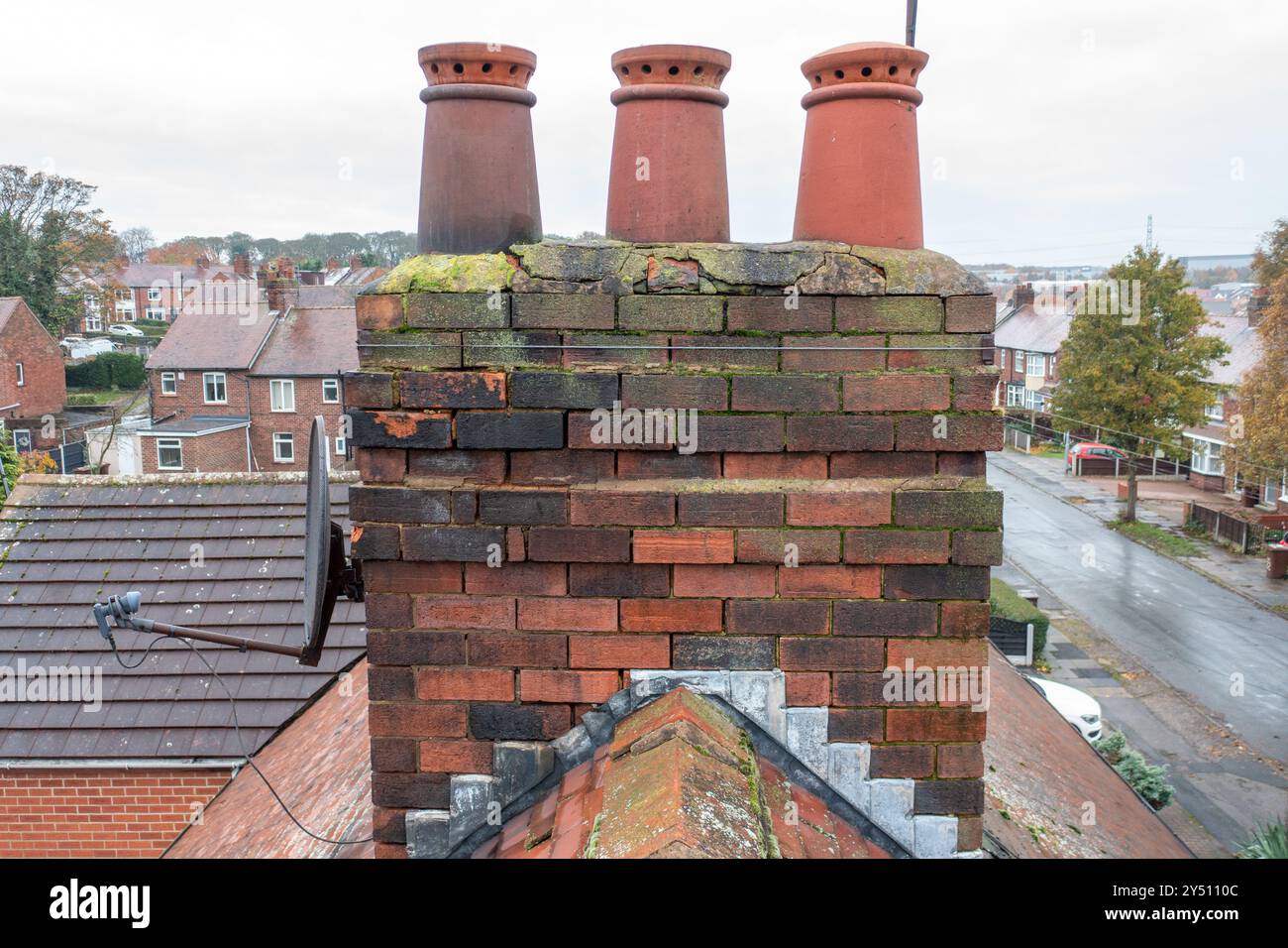 Aerial photo of a typical British terrace house in the UK showing the ...