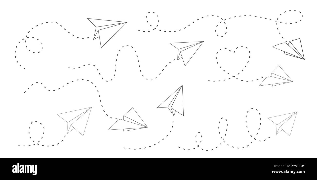 Paper plane dashed line doodle sketch style drawing. Path way, follow ...