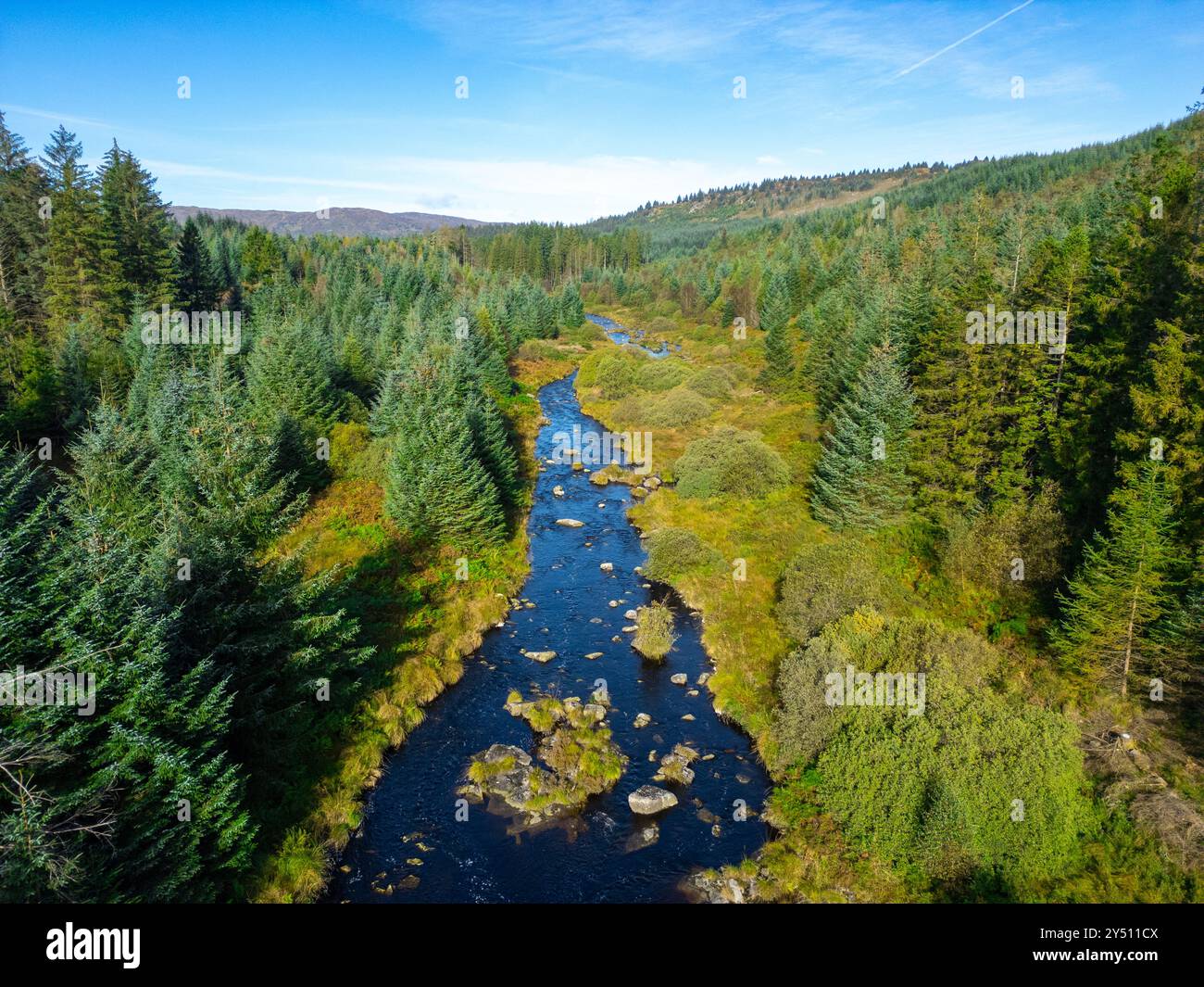 Aerial view from drone of River Dee beside the Raiders Road forestry ...