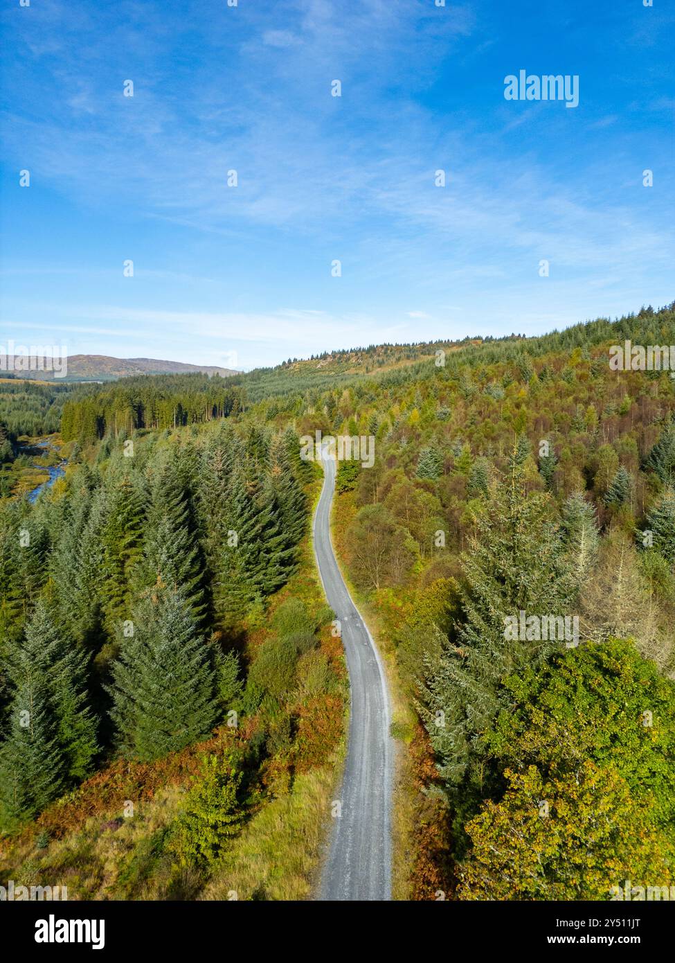 Aerial view from drone of the Raiders Road forestry track in Galloway ...