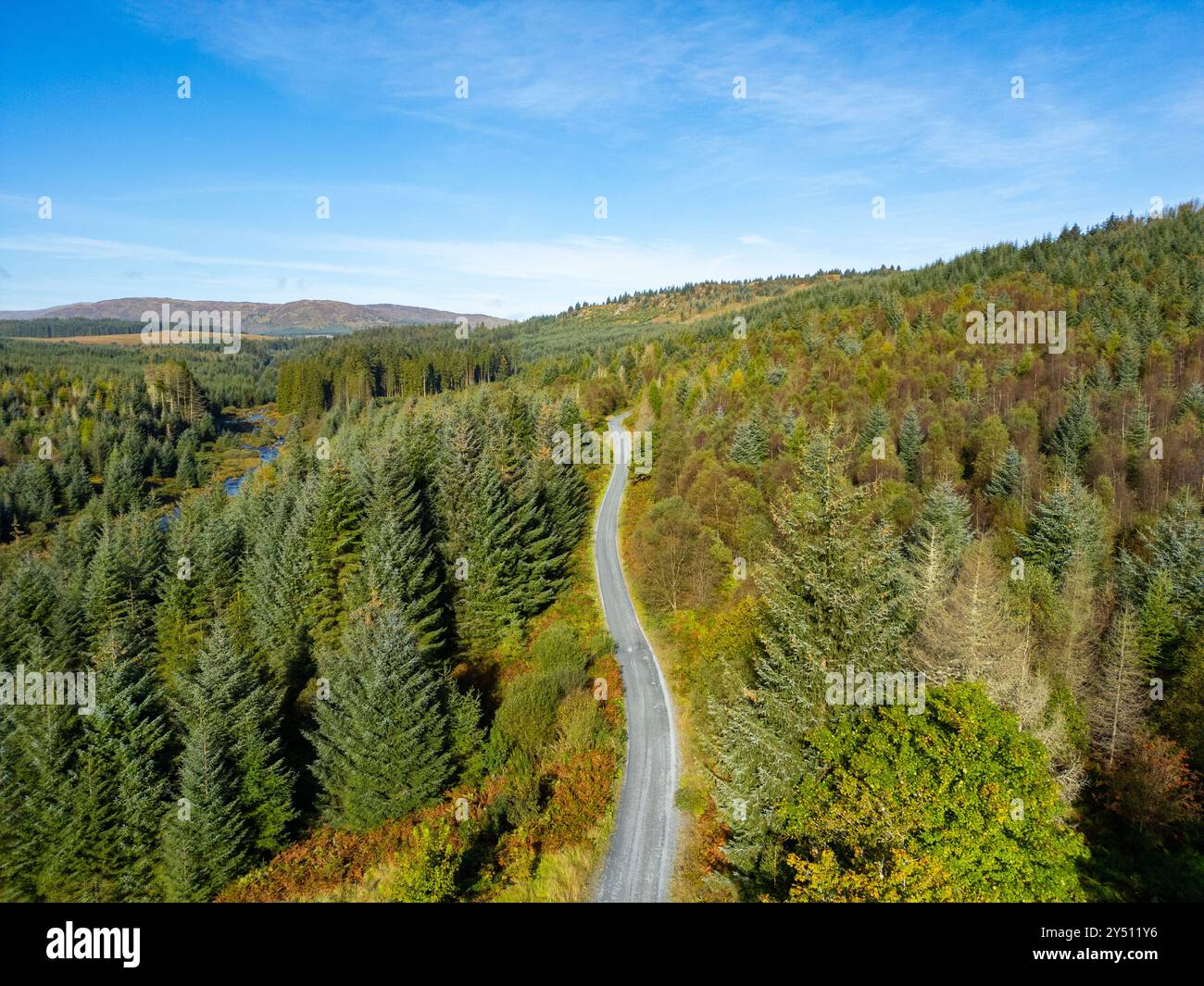 Aerial view from drone of the Raiders Road forestry track in Galloway ...