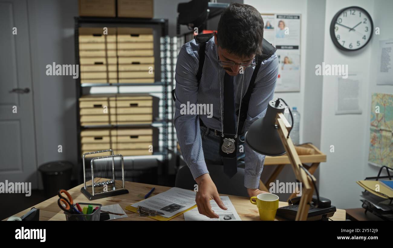 Hispanic detective man analyzing documents in a cluttered police office ...