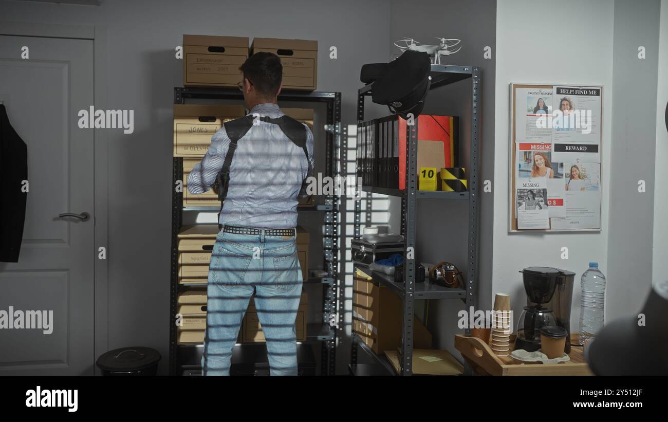 Hispanic detective at police station examining evidence among missing ...