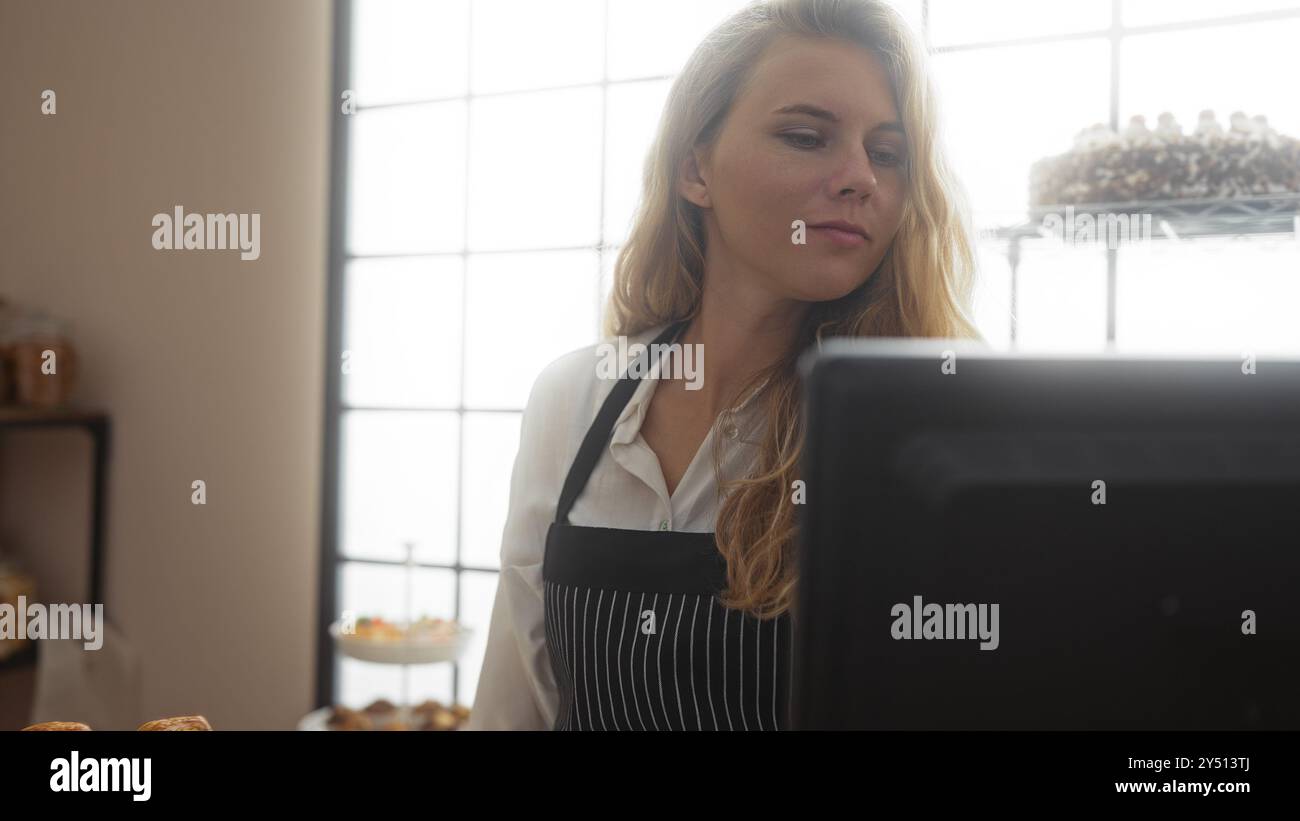 Young blonde woman in a bakery wearing an apron, working indoors behind ...