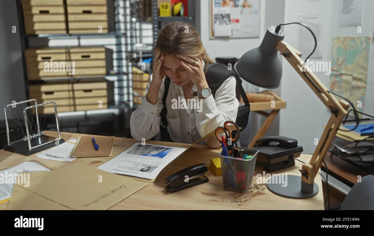 Stressed blonde woman detective in office analyzing crime evidence ...