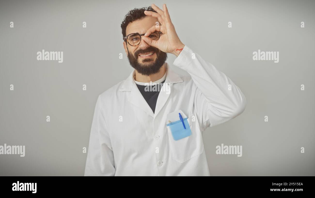 A cheerful bearded scientist in a lab coat makes an okay gesture ...