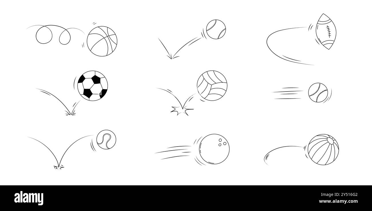 Doodle sport ball trajectory bounce collection. Line hand drawn balls ...