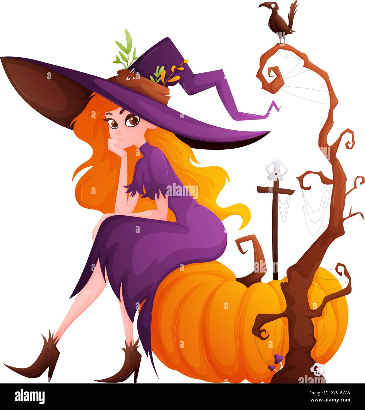 A cartoon witch with a large purple hat sits on a pumpkin, surrounded ...