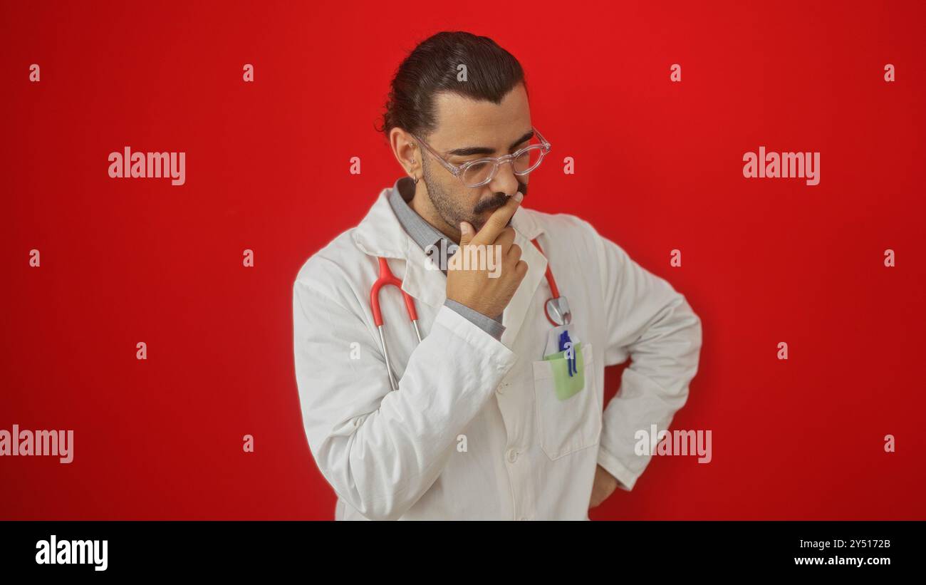 Hispanic man in a lab coat with a stethoscope, thinking against a red ...