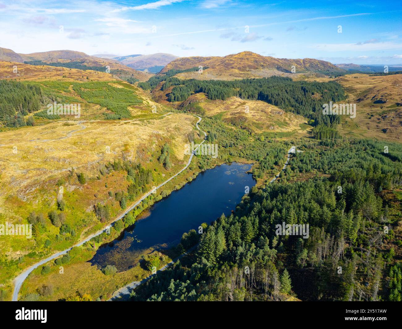 Aerial view from drone of Black Loch in Galloway Forest Park and inside ...