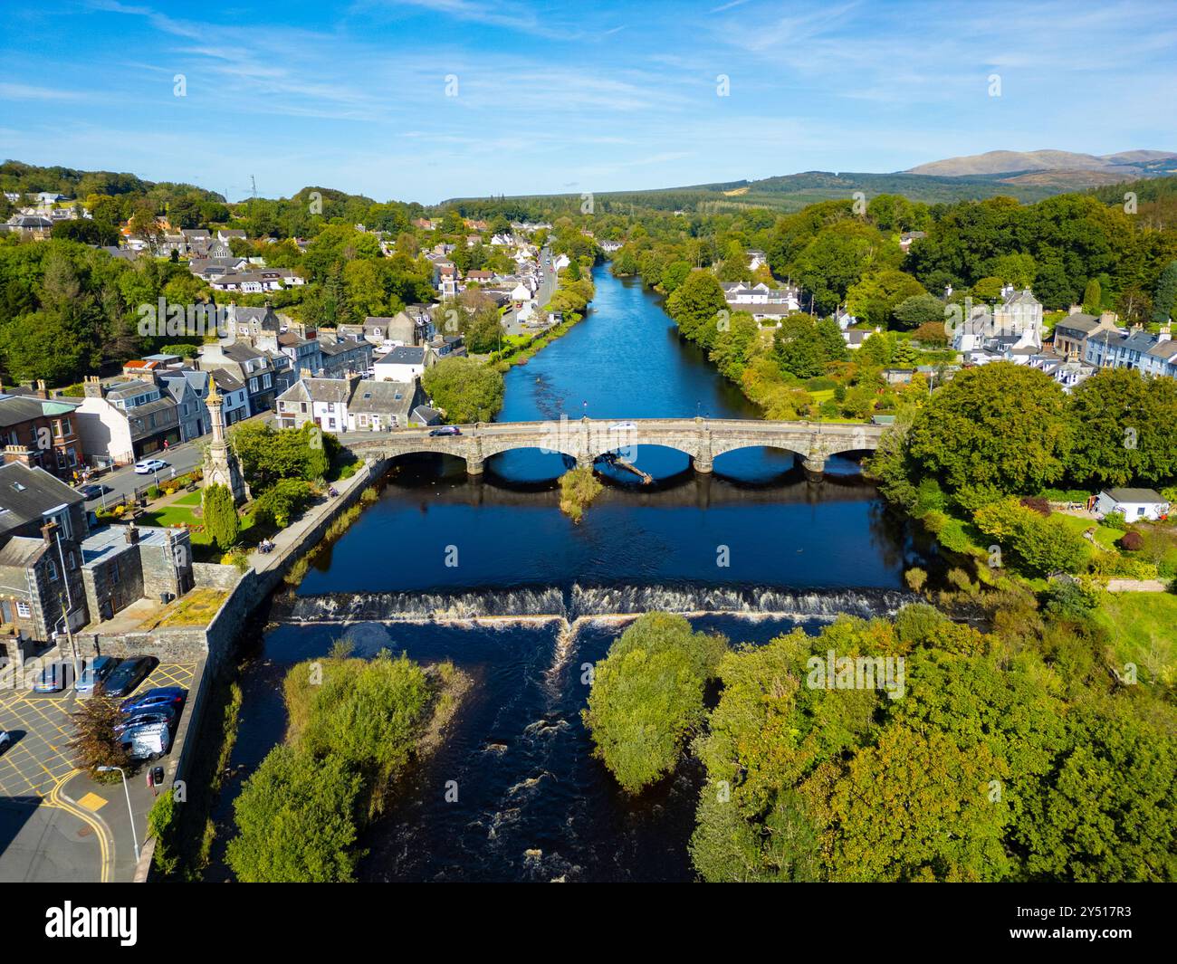 Aerial view from drone of Bridge of Cree in Newton Stewart on River ...