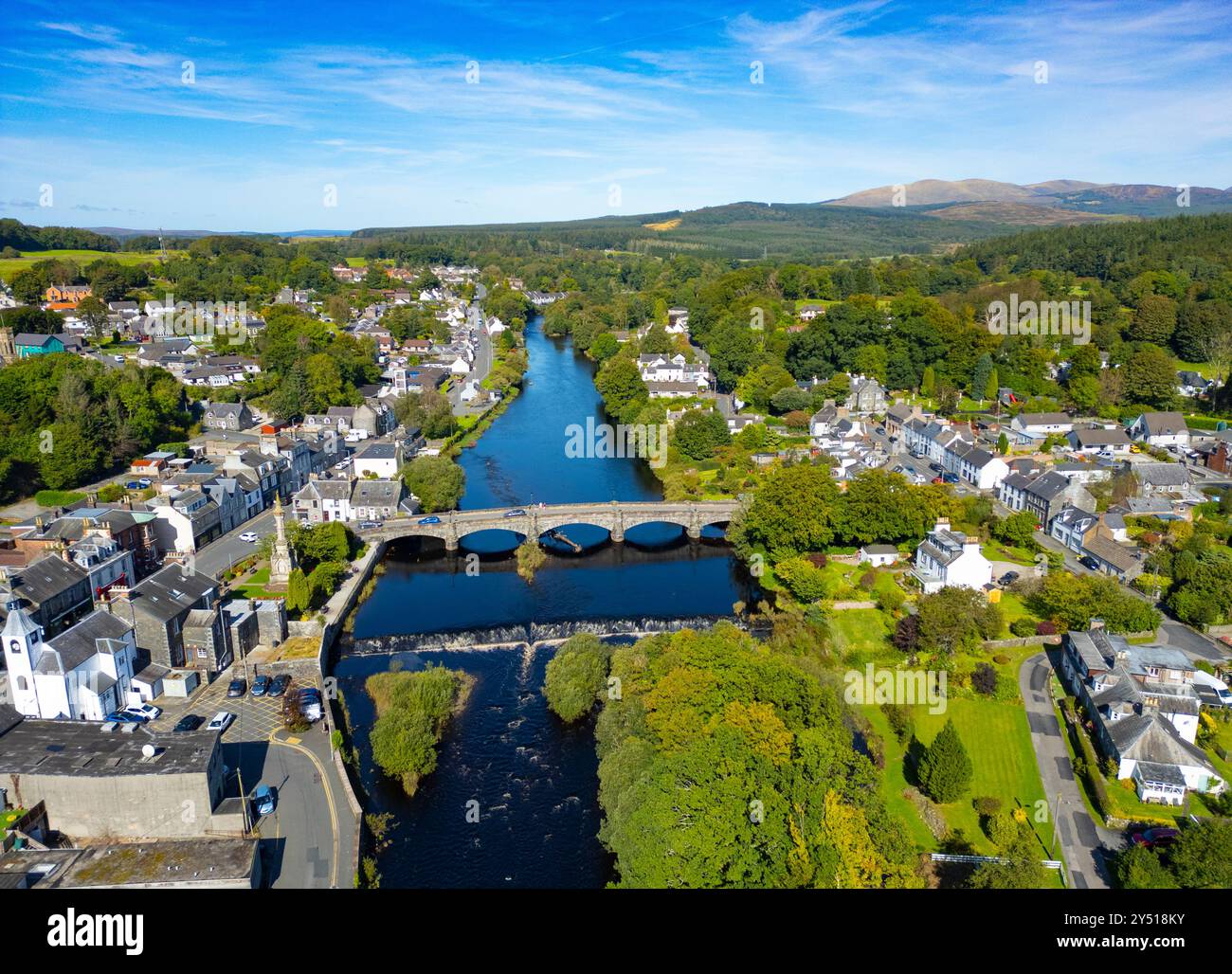 Aerial view from drone of Bridge of Cree in Newton Stewart on River ...