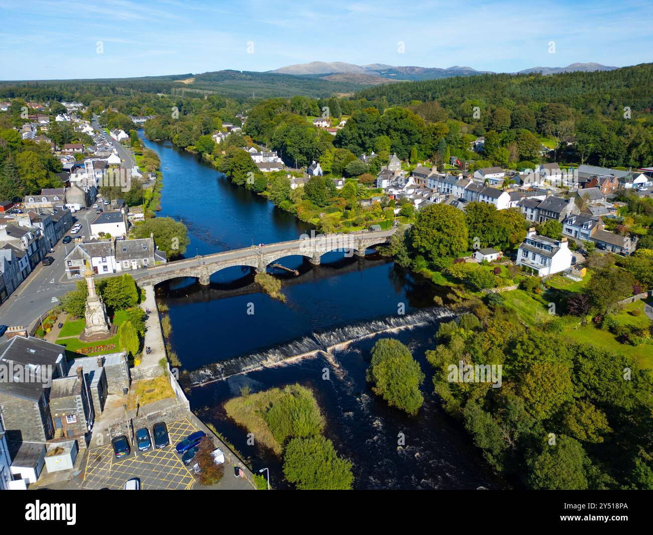Aerial view from drone of Bridge of Cree in Newton Stewart on River ...