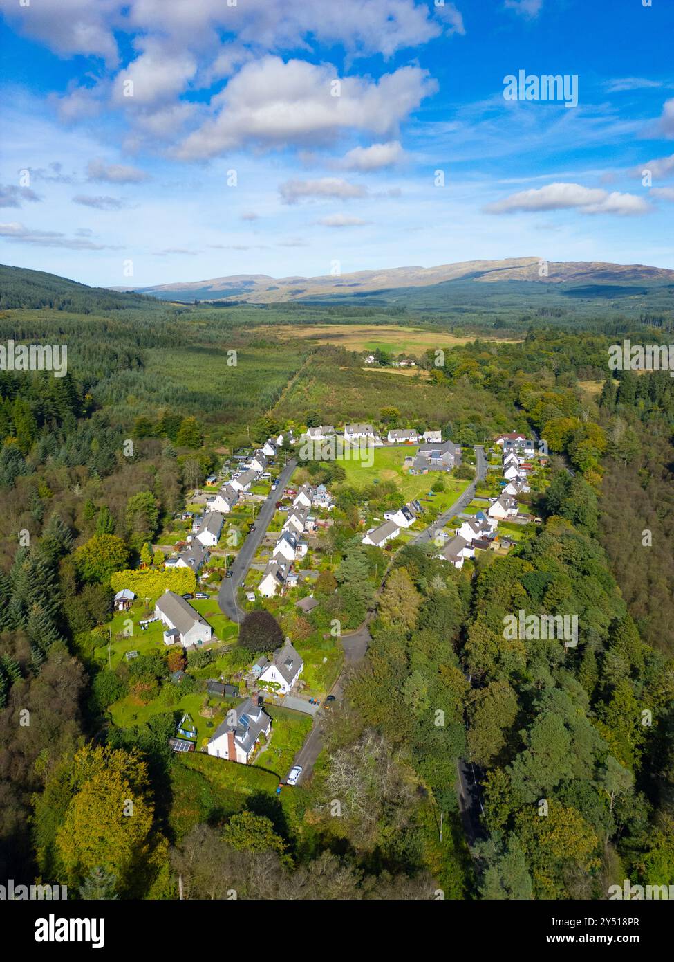 Aerial view from drone of Glentrool village in Galloway Forest Park and ...