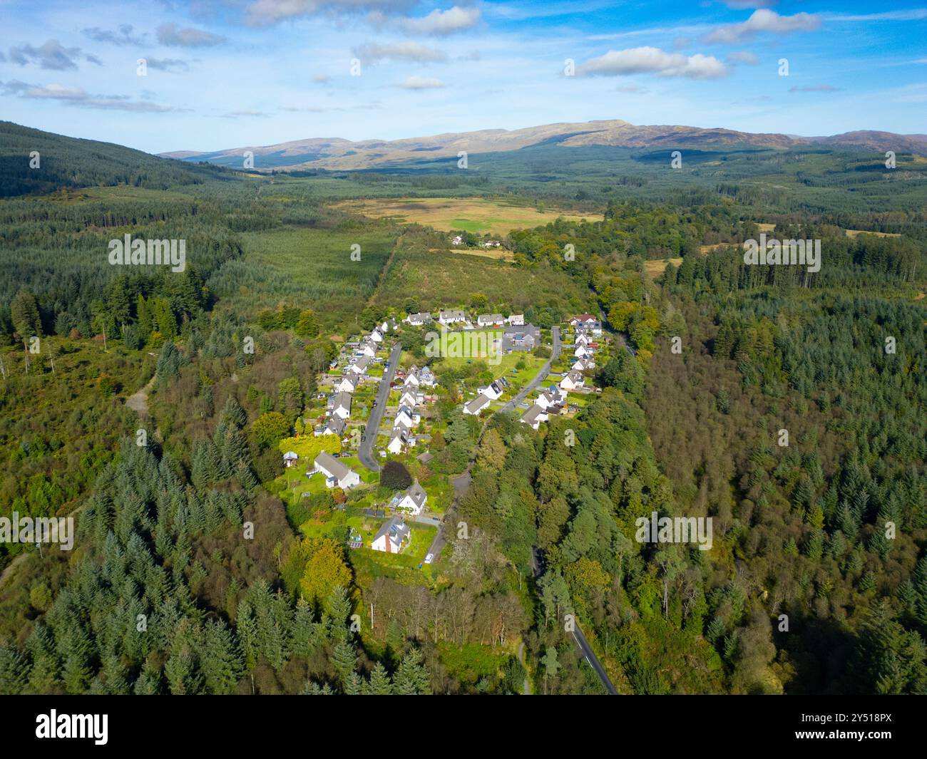 Aerial view from drone of Glentrool village in Galloway Forest Park and ...