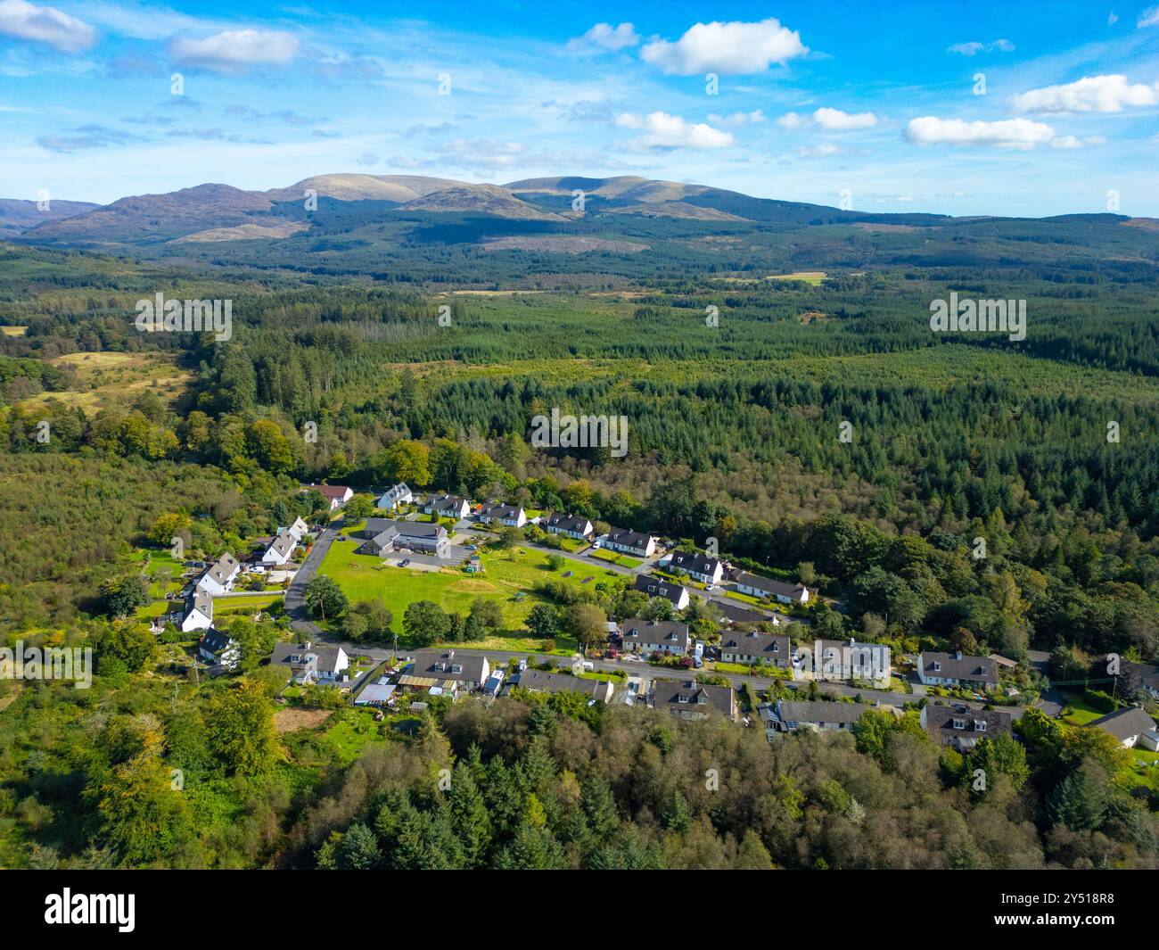 Aerial view from drone of Glentrool village in Galloway Forest Park and ...