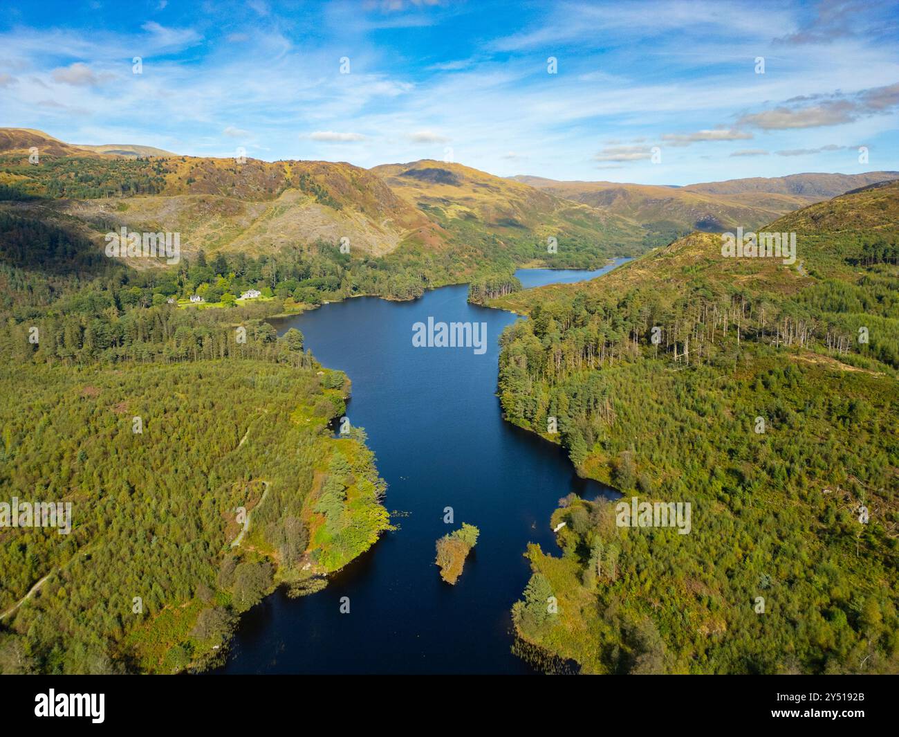 Aerial view from drone of Loch Trool in Glen Trool, Galloway Forest ...