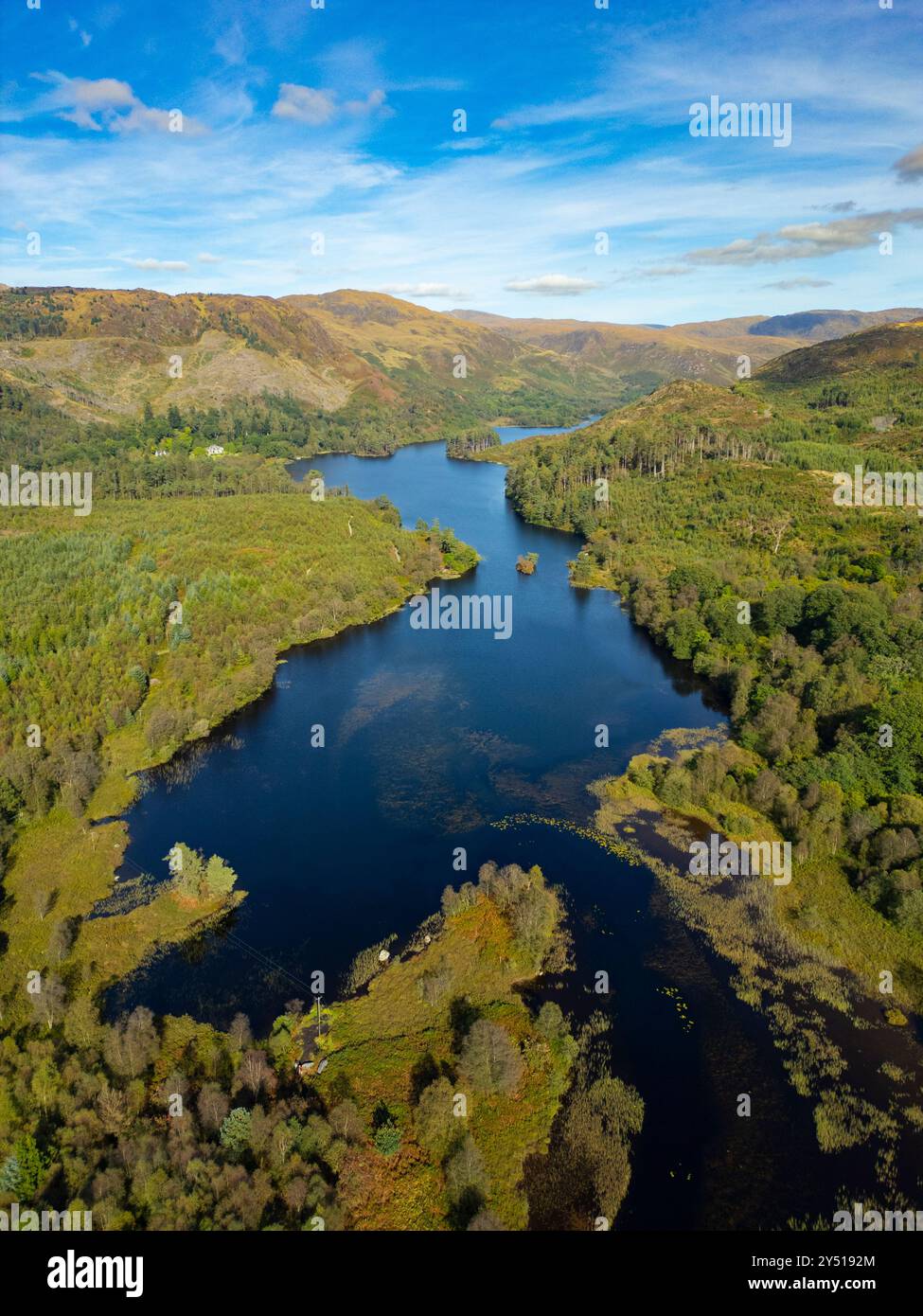 Aerial view from drone of Loch Trool in Glen Trool, Galloway Forest ...