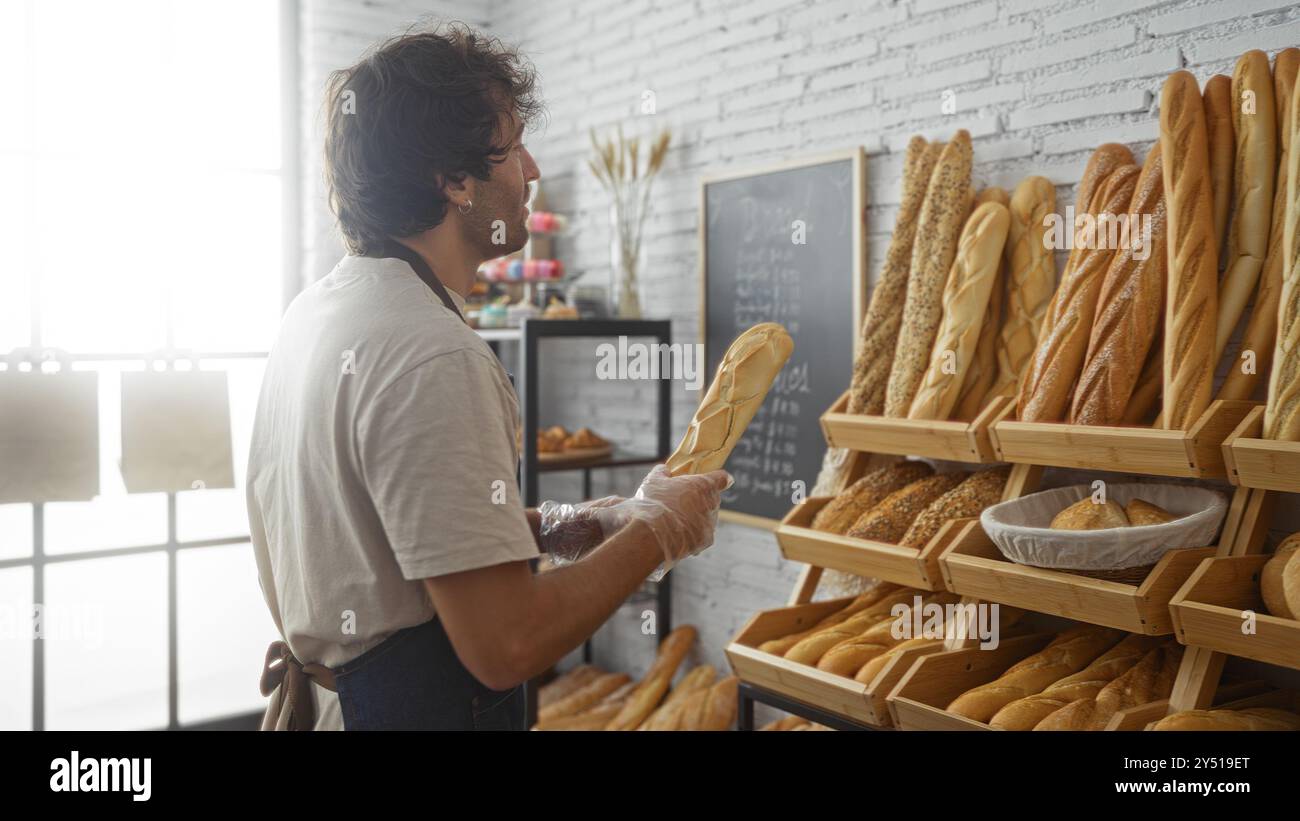 Young man choosing bread in a bakery filled with various types of ...