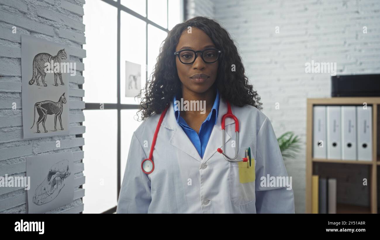 African american vet in a white coat stands confidently in a well-lit ...