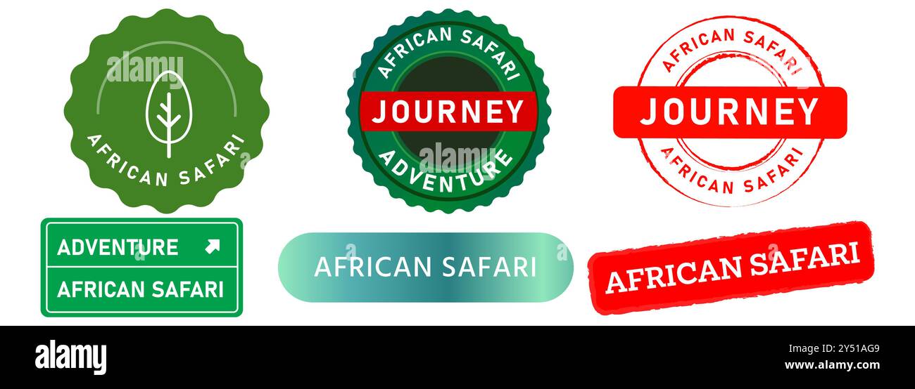 African Safari tourism destination wildlife journey stamp red green ...