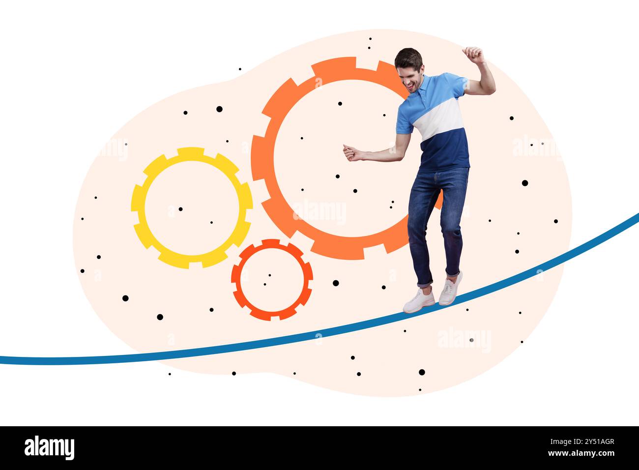 Photo collage sketch of funny nice happy man going balancing rope ...