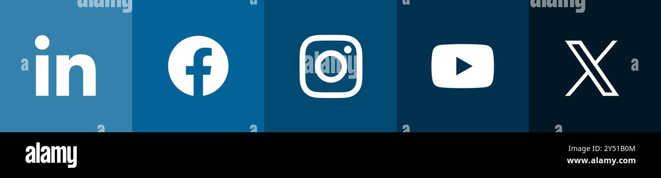 Social media app icon set. LinkedIn, Facebook, Instagram, Youtube and X, former Twitter. Flat ...