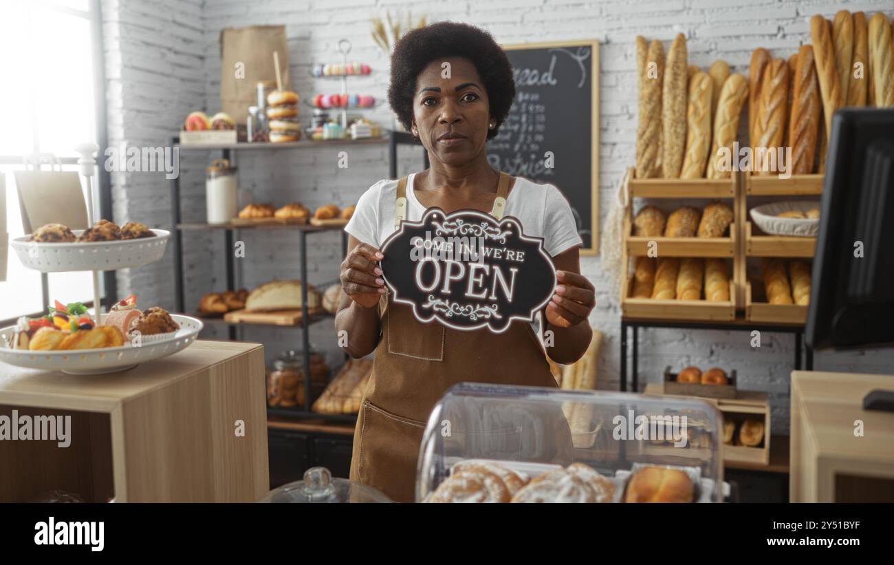 African american woman with curly hair holding an open sign in an ...