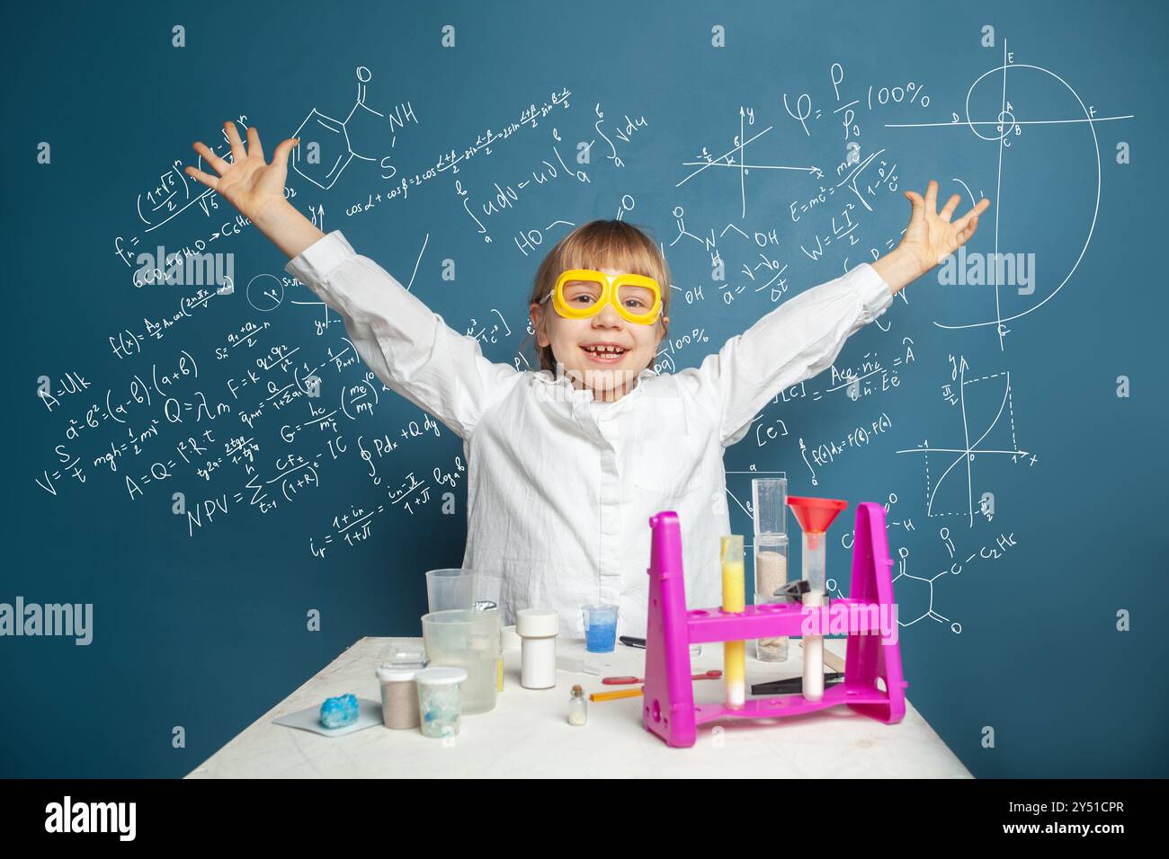 Little scientist. Happy smart school student girl learning science ...