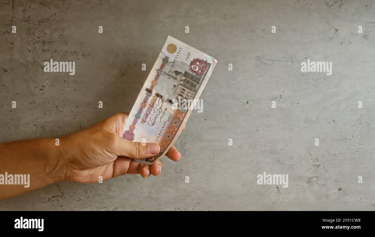 Hand holding egyptian pounds against a concrete background, showcasing ...