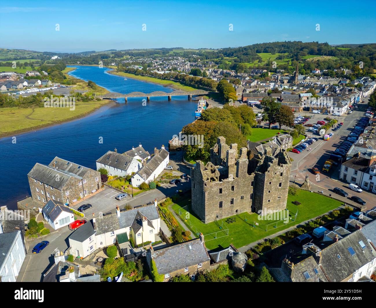 Aerial view from drone of MacLellan's Castle in Kirkcudbright on River ...