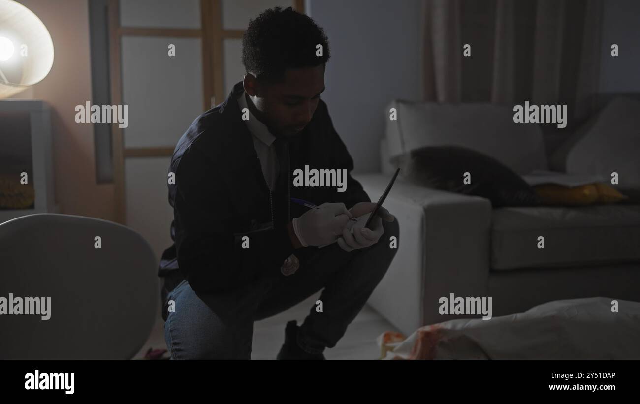 African american detective man taking notes at a crime scene indoors ...