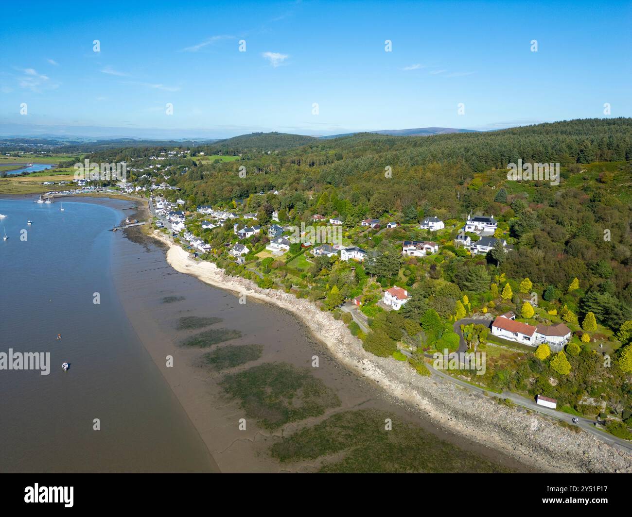 Aerial view from drone of Kippford village on Urr Water river on Solway ...