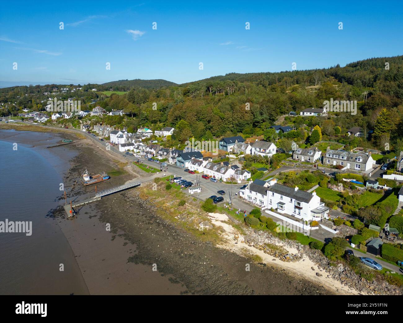 Aerial view from drone of Kippford village on Urr Water river on Solway ...
