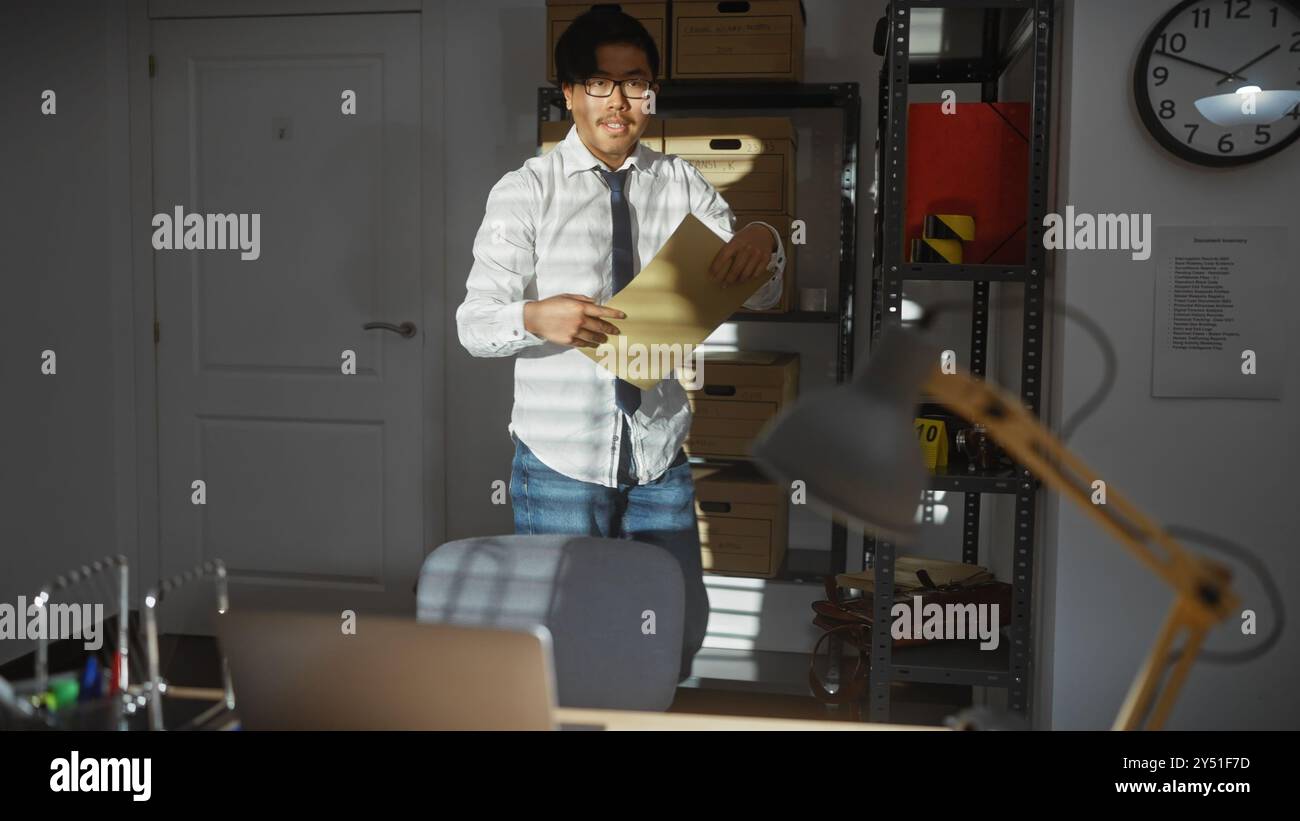 Asian man in police department carrying folder in investigation office ...
