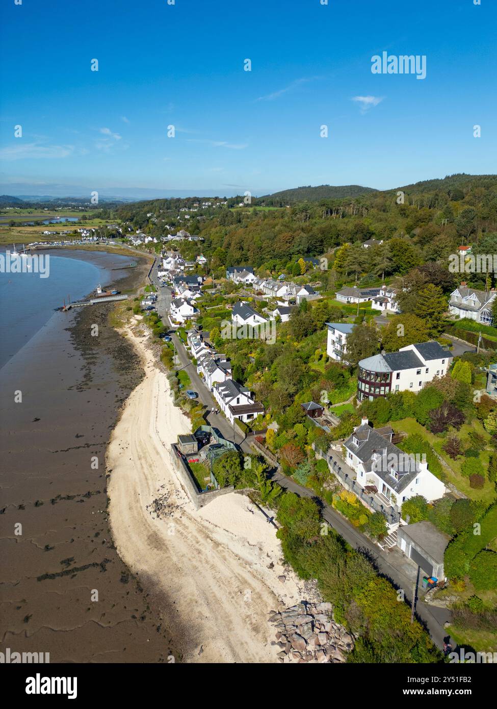 Aerial view from drone of Kippford village on Urr Water river on Solway ...
